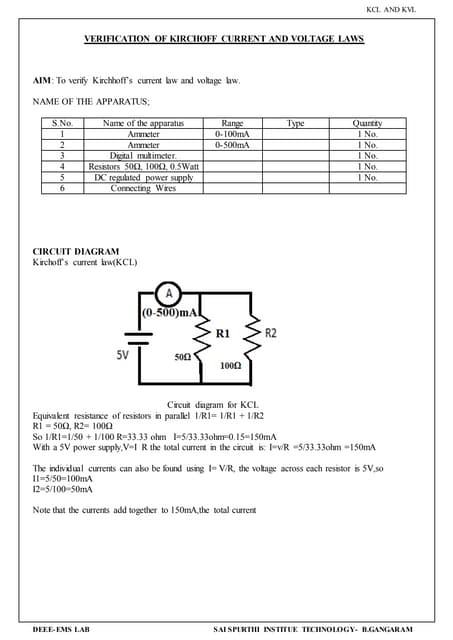 Electrical circuit verification of K irchhoff’s Current Law(KCL) & Current dividerrule(CDR ). | PDF