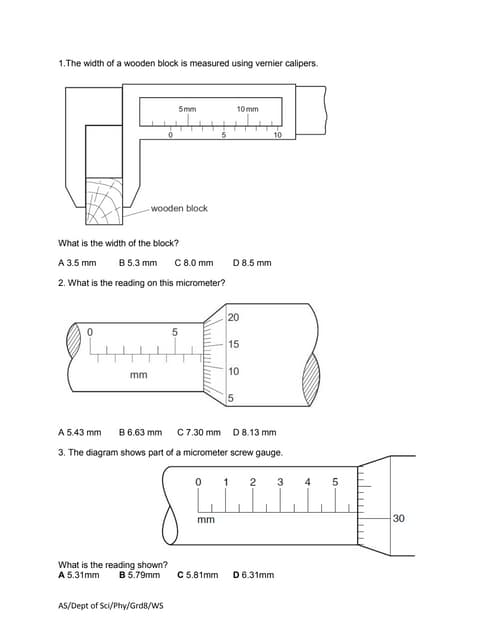 Caliper Reading Worksheet