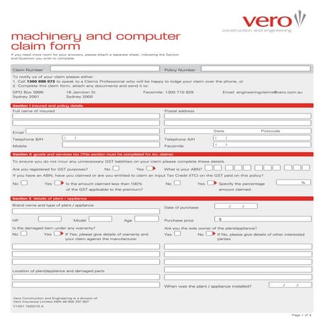 Vero Machinery Breakdown Claim Form | PDF