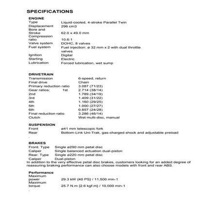 Kawasaki India Versys x 300 spec sheet | PDF