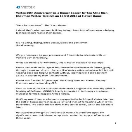 Vertex 30th Anniversary Gala Dinner - Chairman Speech | PDF