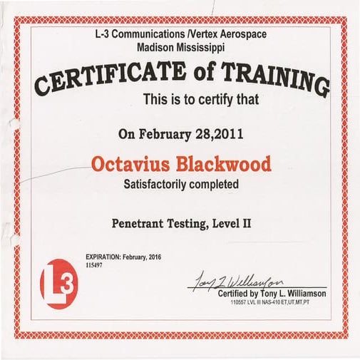 L-3 Vertex Aerospace Level II NDI Training certificates and statements ...
