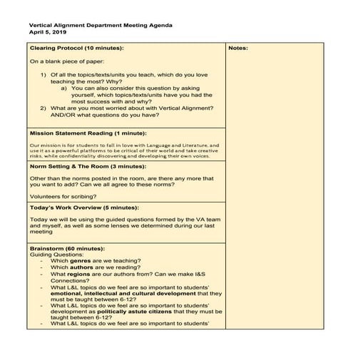 Vertical alignment department meeting agenda april 5 | PDF