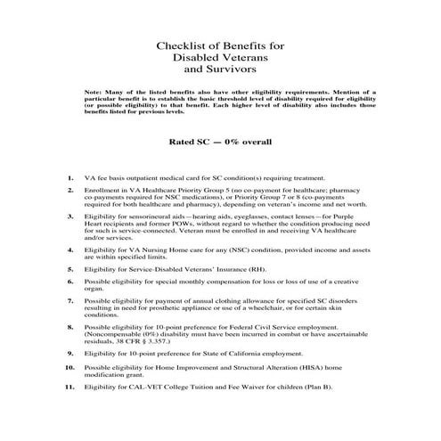 Veterans Benefits Checklist Disability | PDF