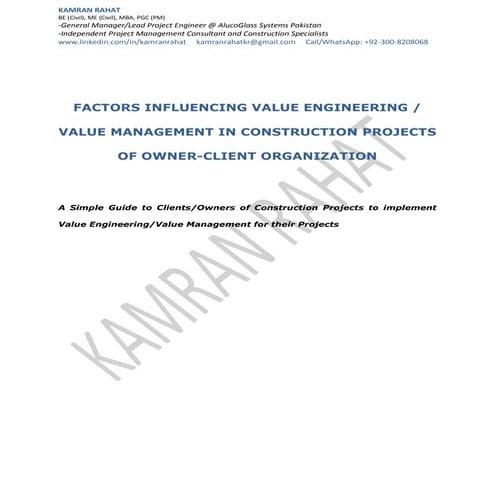 Factors influencing Value Engineering for Clients/Owners | PDF