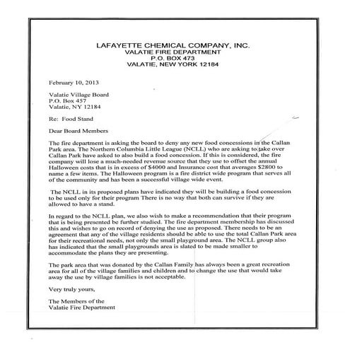 Valatie Fire Department Letter re Callan Park Concessions | PDF
