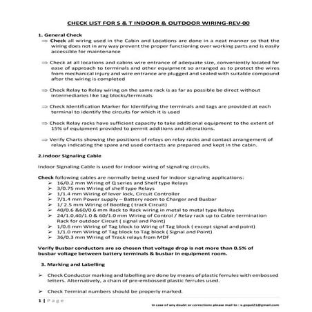 VG Railway S & T wiring check list rev 00 | PDF