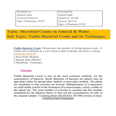 Viable Bacterial Count And Its Techniques Docx