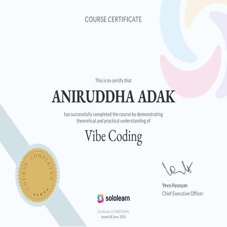 Vibe Coding SoloLearn Certificate of Achievement Aniruddha Adak | PDF