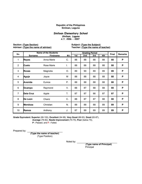 Sample Grading Sheet | XLS