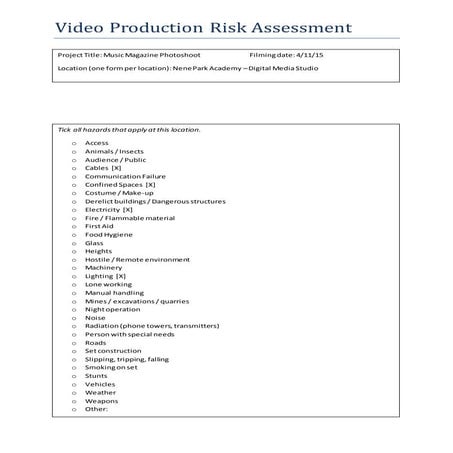 Green screen room video production risk assessment unfinished | DOCX