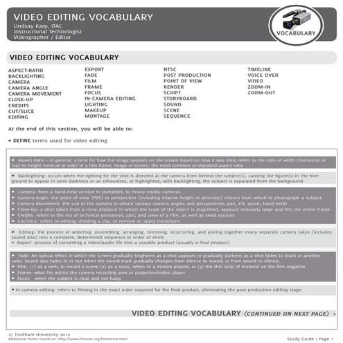 Video Editing Vocabulary | PDF