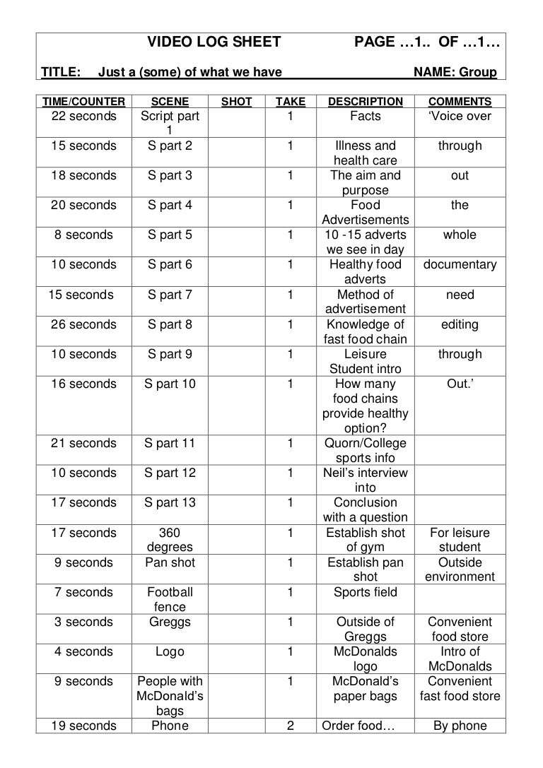 Video log sheet