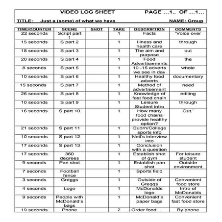 Video log sheet | DOC