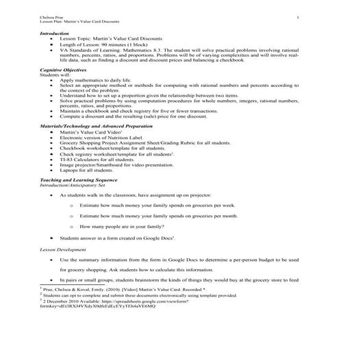 Family meals on a budget lesson plan | DOC