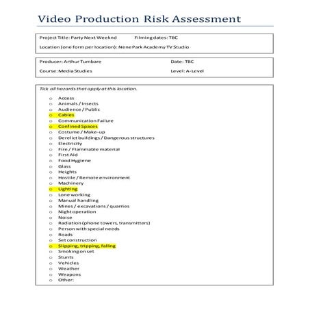 Video production risk assessment | DOCX