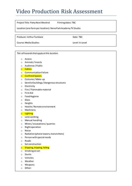 Risk Assessment NPA Media Studio | PDF