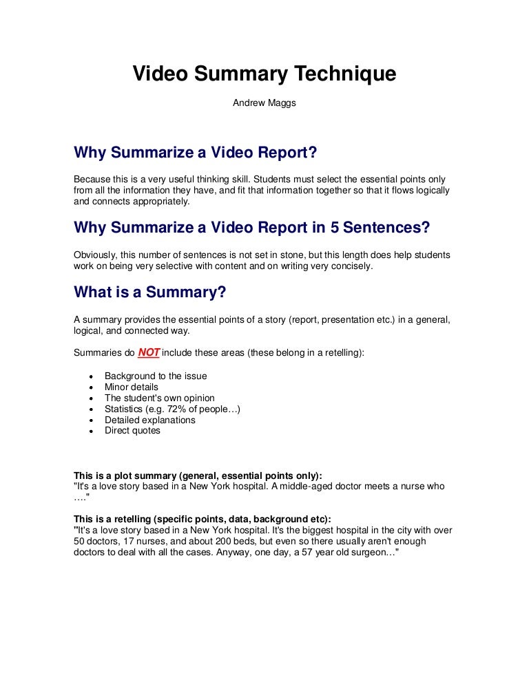 Video summary and rubric