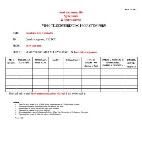 Video Teleconferencing Production Form | PPT
