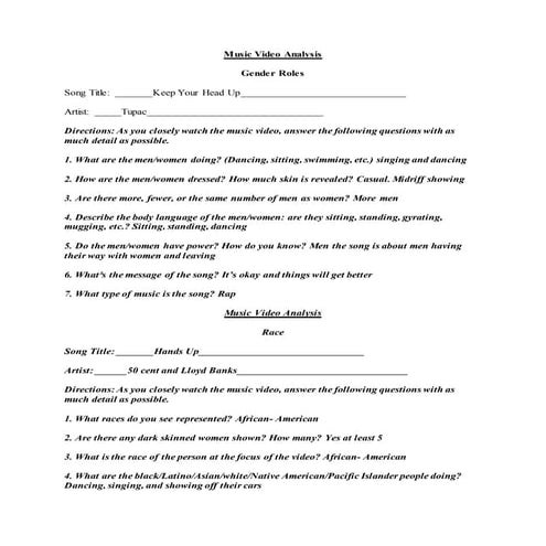 Music video analysis worksheets | DOCX