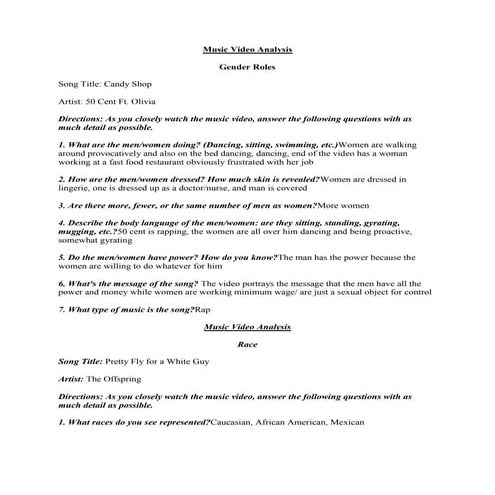 Music video analysis worksheets | DOCX