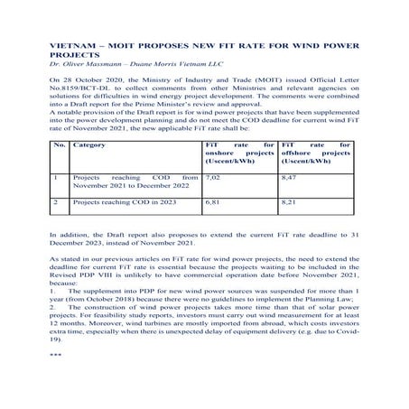 VIETNAM – MOIT PROPOSES NEW FIT RATE FOR WIND POWER PROJECTS | PDF