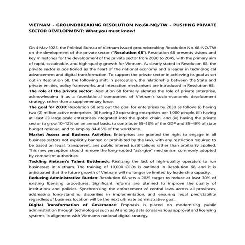 VIETNAM - GROUNDBREAKING RESOLUTION No.68-NQ/TW - PUSHING PRIVATE ...