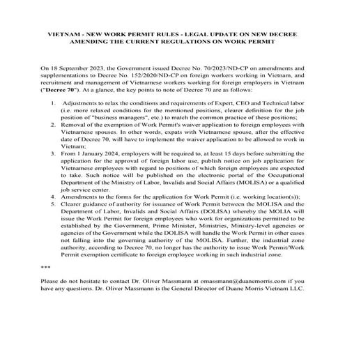 VIETNAM - NEW WORK PERMIT RULES - LEGAL UPDATE ON NEW DECREE AMENDING ...