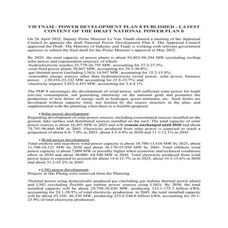 VIETNAM - POWER DEVELOPMENT PLAN 8 PUBLISHED - LATEST CONTENT OF THE ...