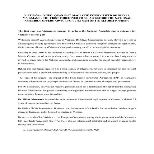 VIETNAM – “NGUOI QUAN SAT” MAGAZINE INTERVIEWED DR OLIVER MASSMANN - THE FIRST FOREIGNER TO ...