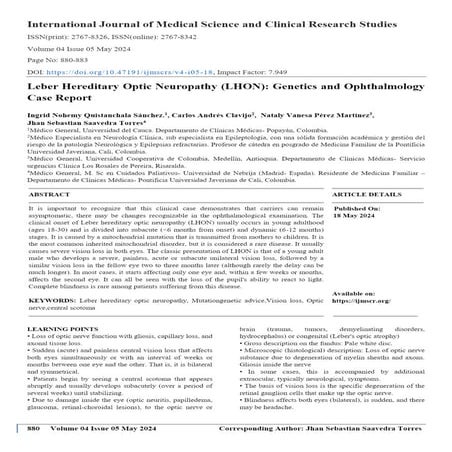 Leber Hereditary Optic Neuropathy (LHON): Genetics and Ophthalmology Case Report | PDF