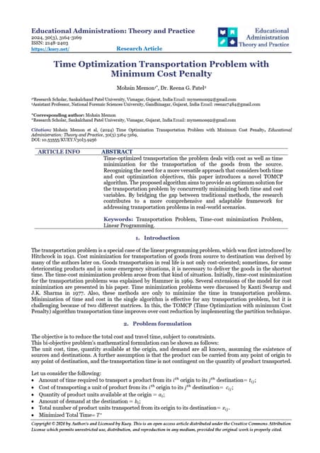 Time Optimization Transportation Problem With Minimum Cost Penalty Pdf