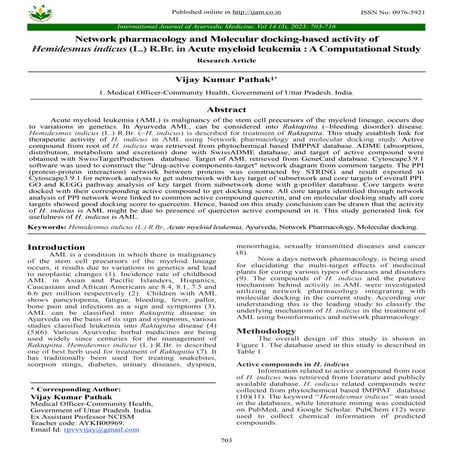 Network pharmacology and Molecular docking-based activity of Hemidesmus indicus (L.) R.Br. in ...