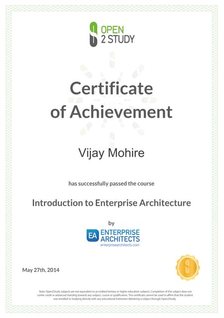 Certificate Introduction of Enterprise Architecture TOGAF | PDF