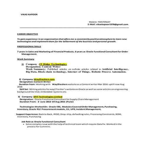 Vikas kapoor resume | DOCX | Information Services Industry | Industries