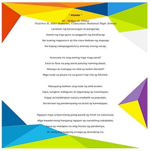 "PISARA" : Willyn D. Viñas Teacher II, SDO Bulacan, Calawitan National ...