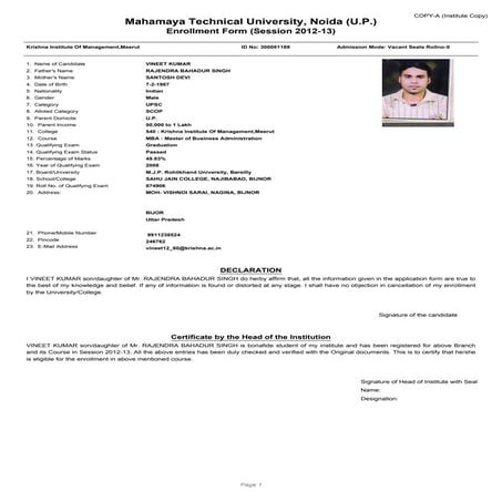 Vineet enrolment form | PDF