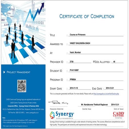 Certificate of Completion - Primavera Course | PDF