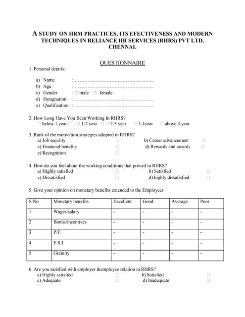 Survey Questionnaire on HRM (Sample) | PDF