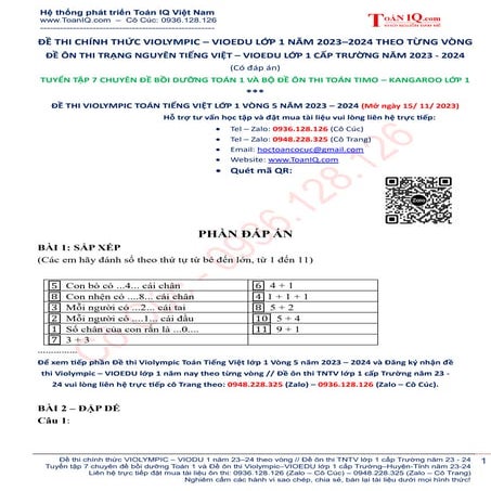 Violympic Toán lớp 1 từ vòng 1 đến vòng 9 năm 2025 - 2026 | PDF
