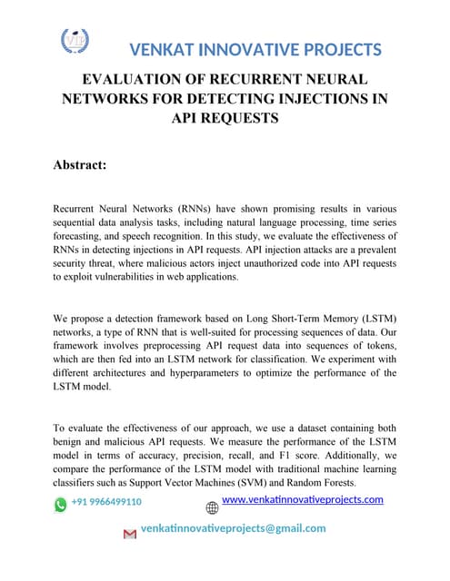 Vip25p501evaluation Of Recurrent Neural Networks For Detecting Injections In Api Requestsdocx
