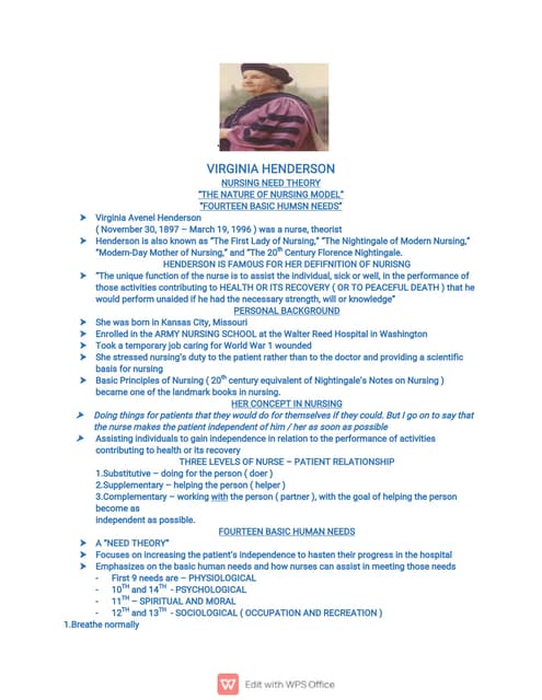 Virginia-Henderson the practice of nursing: need theory | PPTX