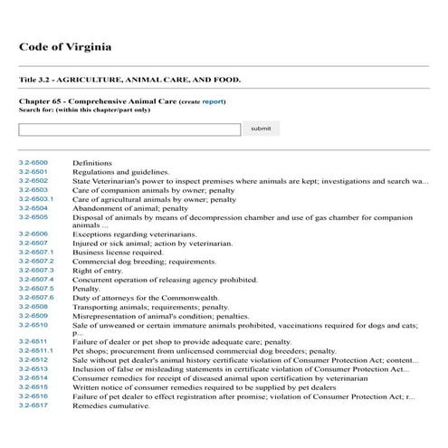Virginia State Code, 3 2-6500 - 3.2-6590 Animal Care. 2014 | PDF