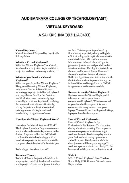 Virtual keyboard abstract | DOCX | Computer Peripherals | Computing