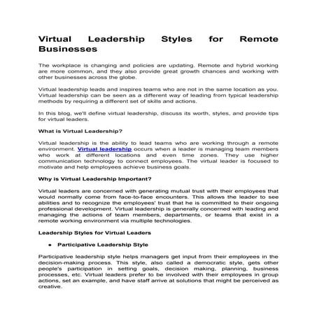 Virtual Leadership Styles for Remote Businesses | PDF