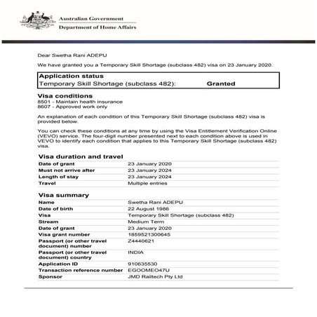 Australia Visa grant letter | PDF