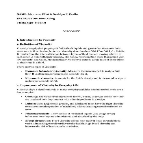 viscosity report and outline for fluid mechanics | PDF | Free Download