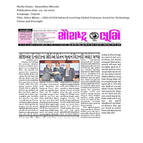 CEO of CGS Infotech receiving Global Visionary Award for Technology ...