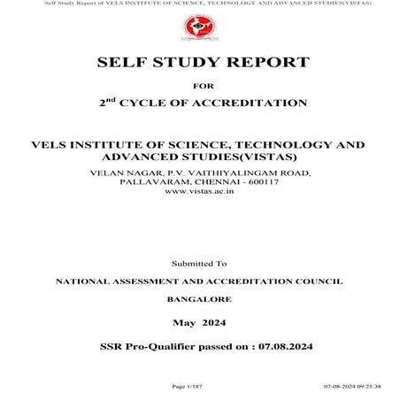 VISTAS Self Study Report After Devision VV | PDF