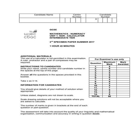 Mathematics numeracy unit 1 intermediate question paper | PDF